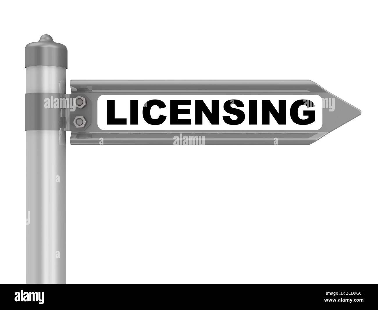 Road sign with black word LICENSING. Isolated. 3D Illustration Stock ...