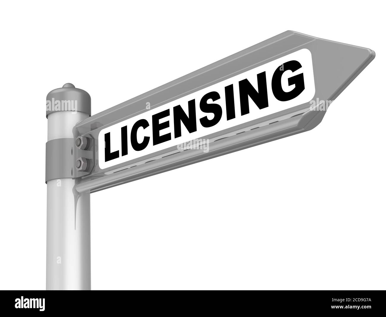 Road sign with black word LICENSING. Isolated. 3D Illustration Stock ...