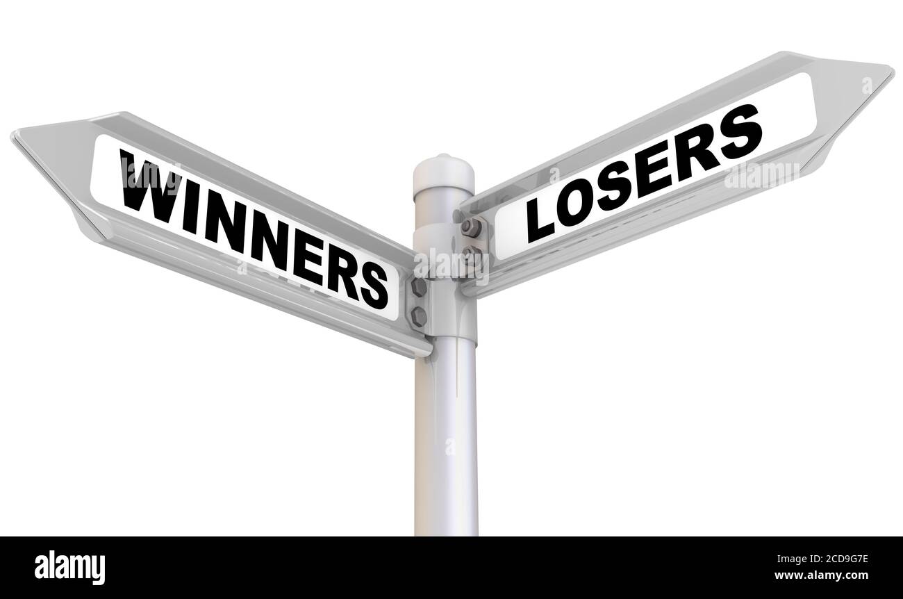 Winners and losers. The way mark. Road sign with black words WINNERS ...