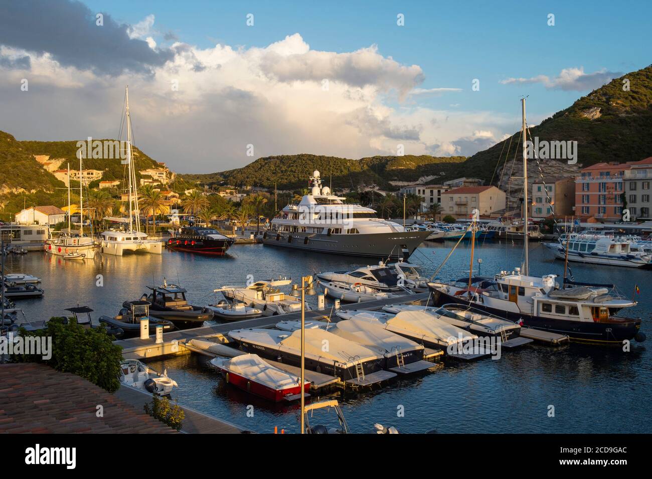France, Corse du Sud, Bonifacio, luxury yacht in the marina at sunset ...