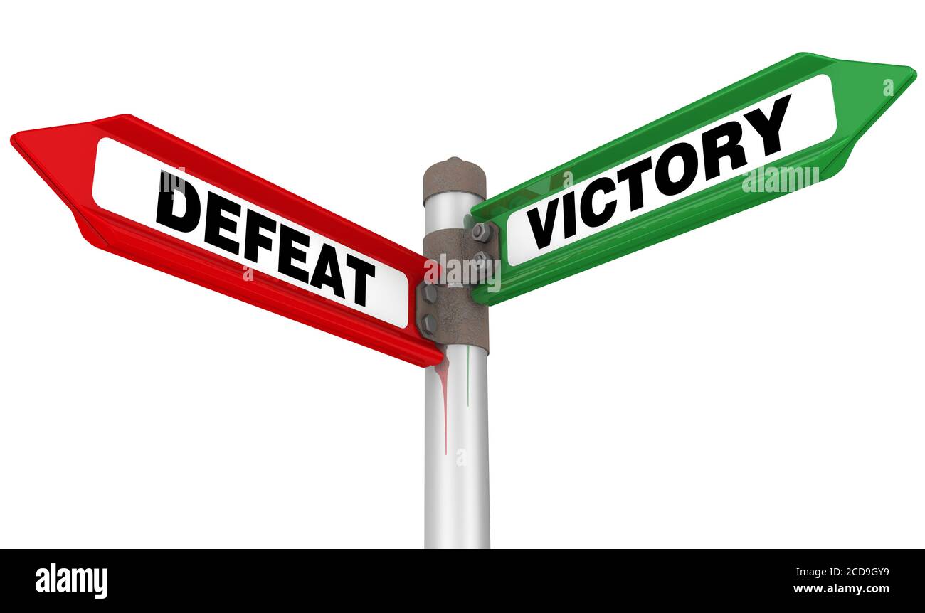 Defeat and victory. The way mark. Green and red road sign with black ...