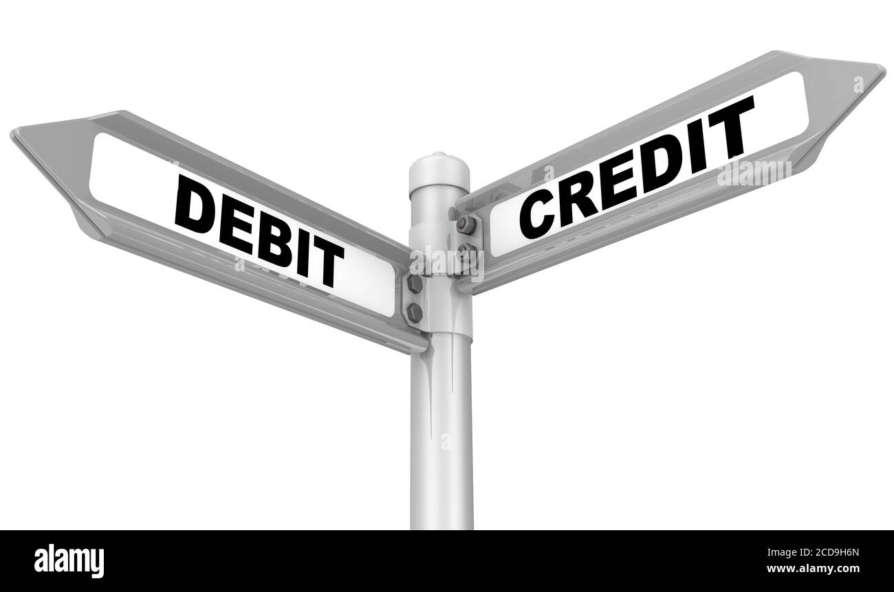 Debit and credit. The way mark. Road sign with black words DEBIT and ...