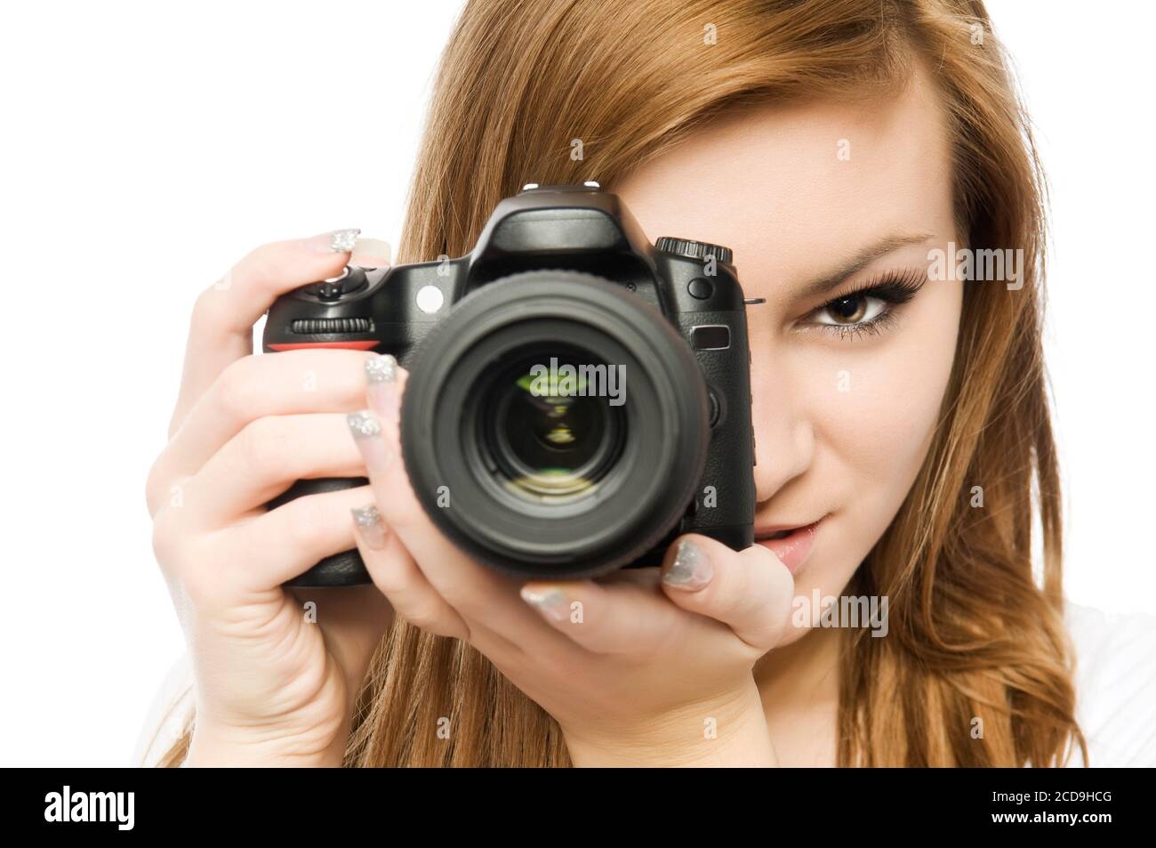 Click! Female photographer is shooting you. Young beautiful woman ...