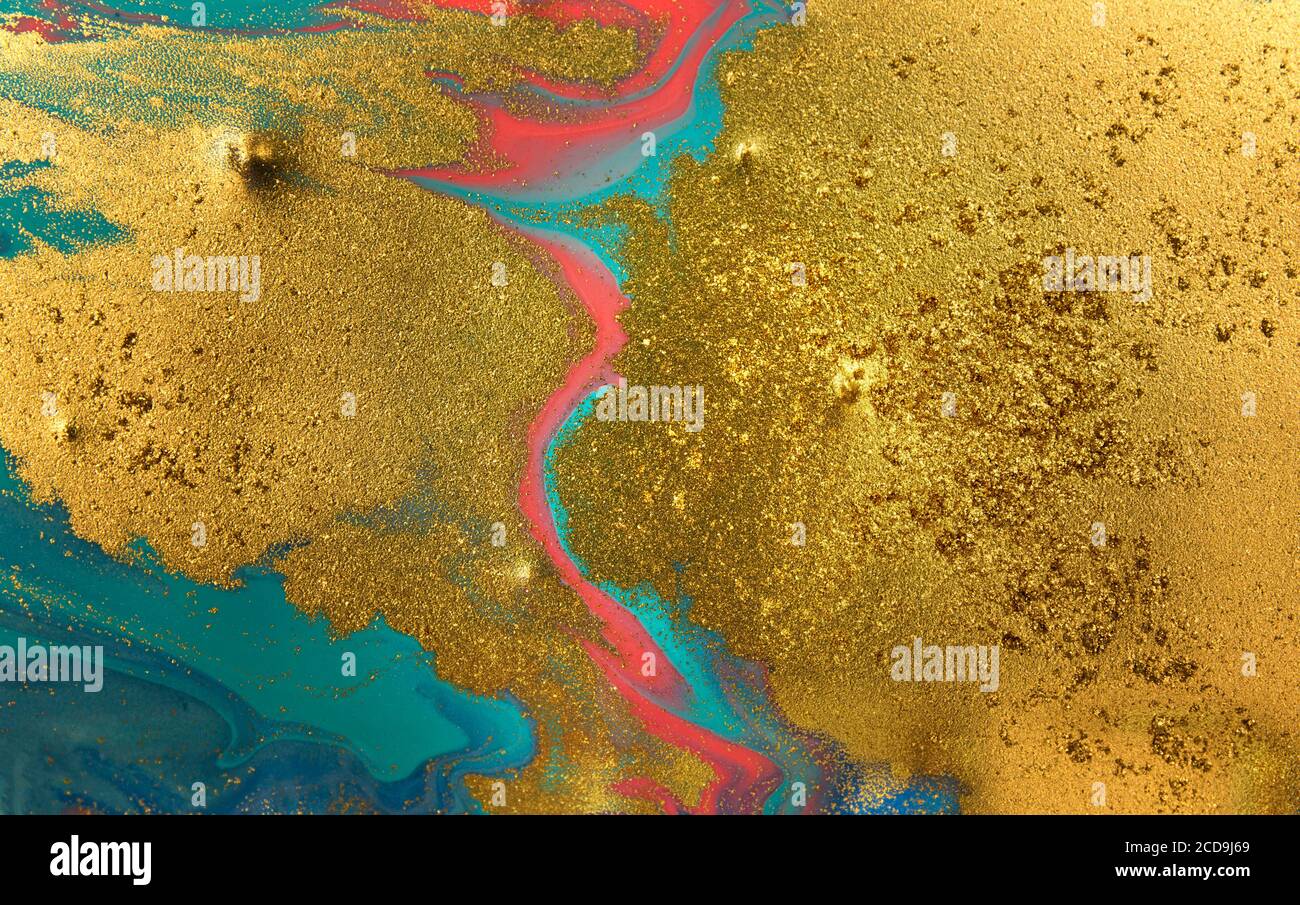 Piles of gold sequins on pink smudges of paint. Abstract pattern Stock ...