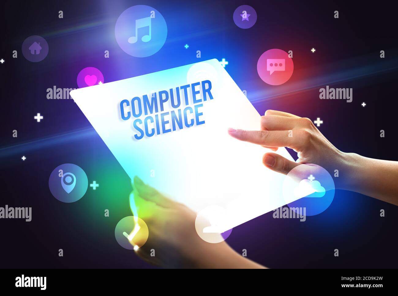 Holding futuristic tablet with COMPUTER SCIENCE inscription, new ...