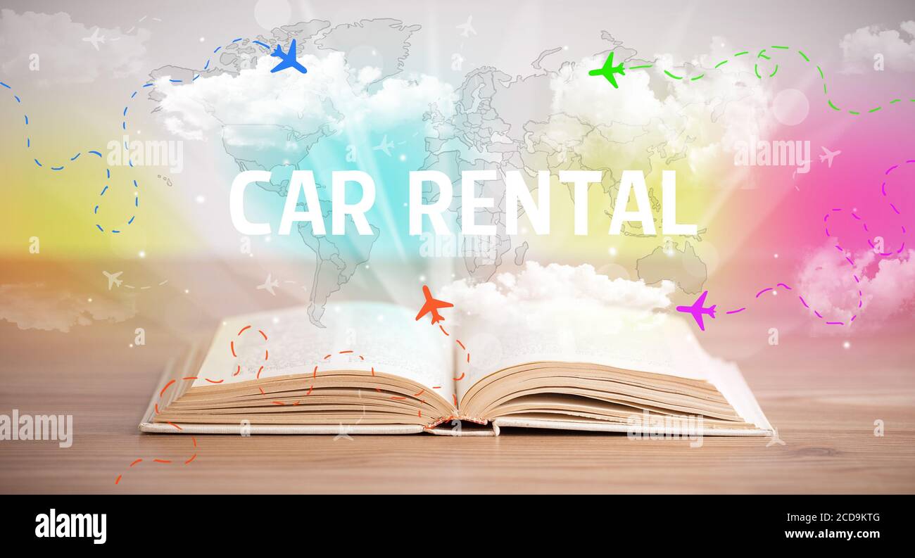 Open book with CAR RENTAL inscription, vacation concept Stock Photo - Alamy