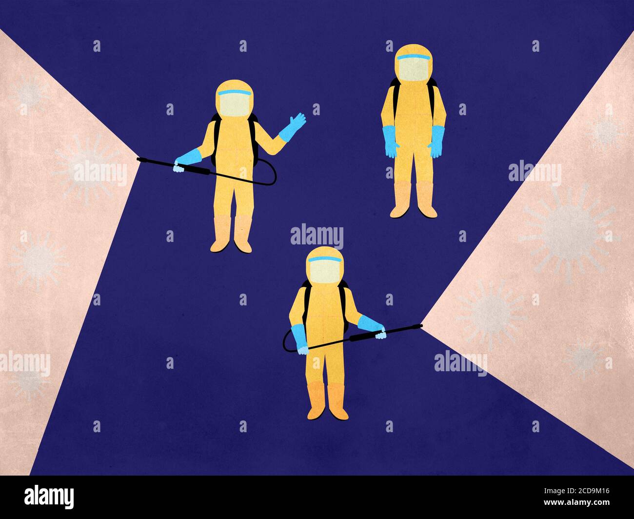 Worker in a personal yellow protective suit sprays disinfectant design ...