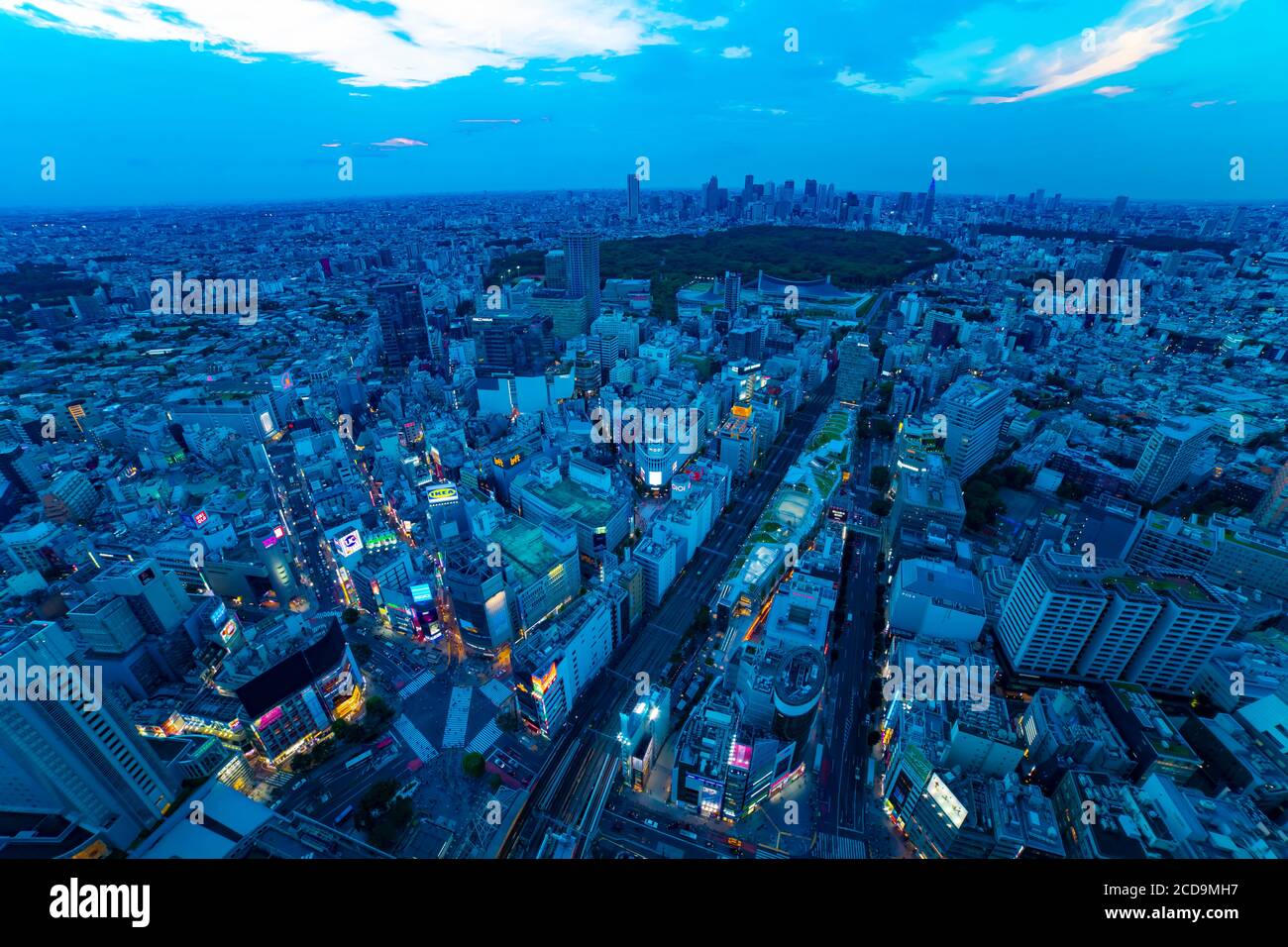 A dusk panoramic cityscape at Shibuya area high angle wide shot Stock ...