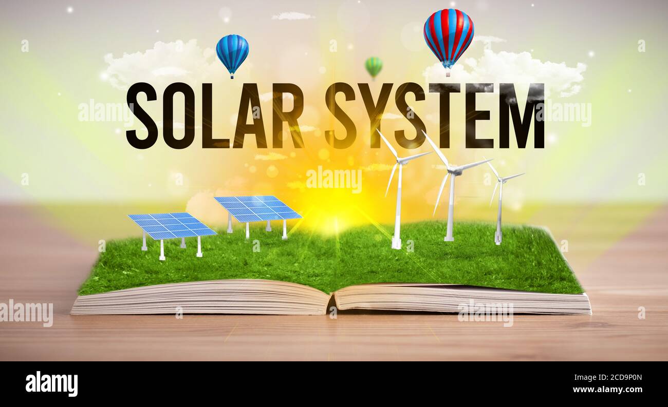 Open book with SOLAR SYSTEM inscription, renewable energy concept Stock ...