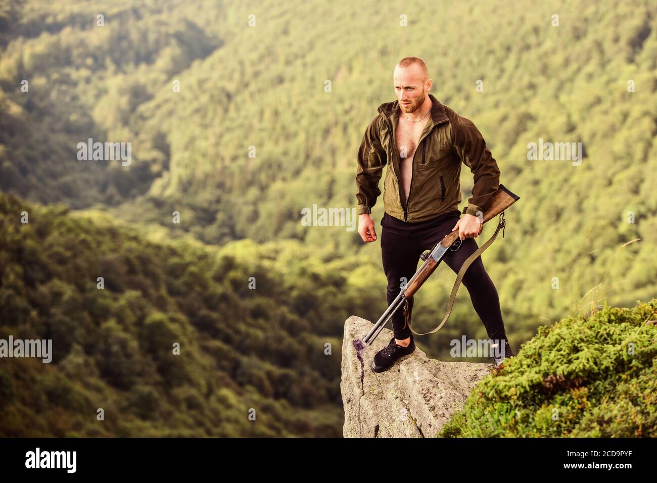 sole leader. muscular man hold weapon. purpose and success. man ready ...