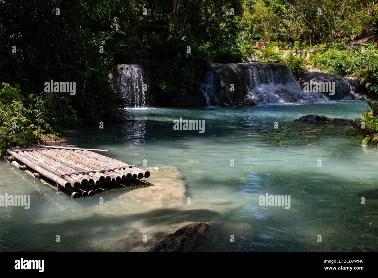 Bamboo raft in lake. Tropical nature landscape with waterfall river and ...