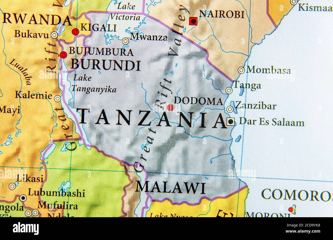 Geographic map of Tanzania country with important cities Stock Photo ...