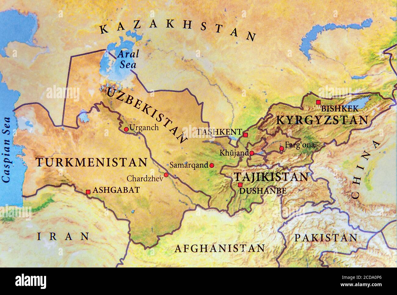Geographic map of Turkmenistan, Tajikistan, Kyrgyzstan and Uzbekistan with important cities ...