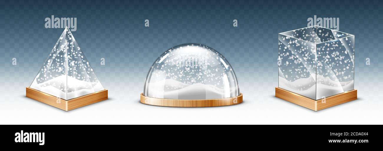 Realistic glass cube, pyramid and dome with snowflakes, christmas snow ...