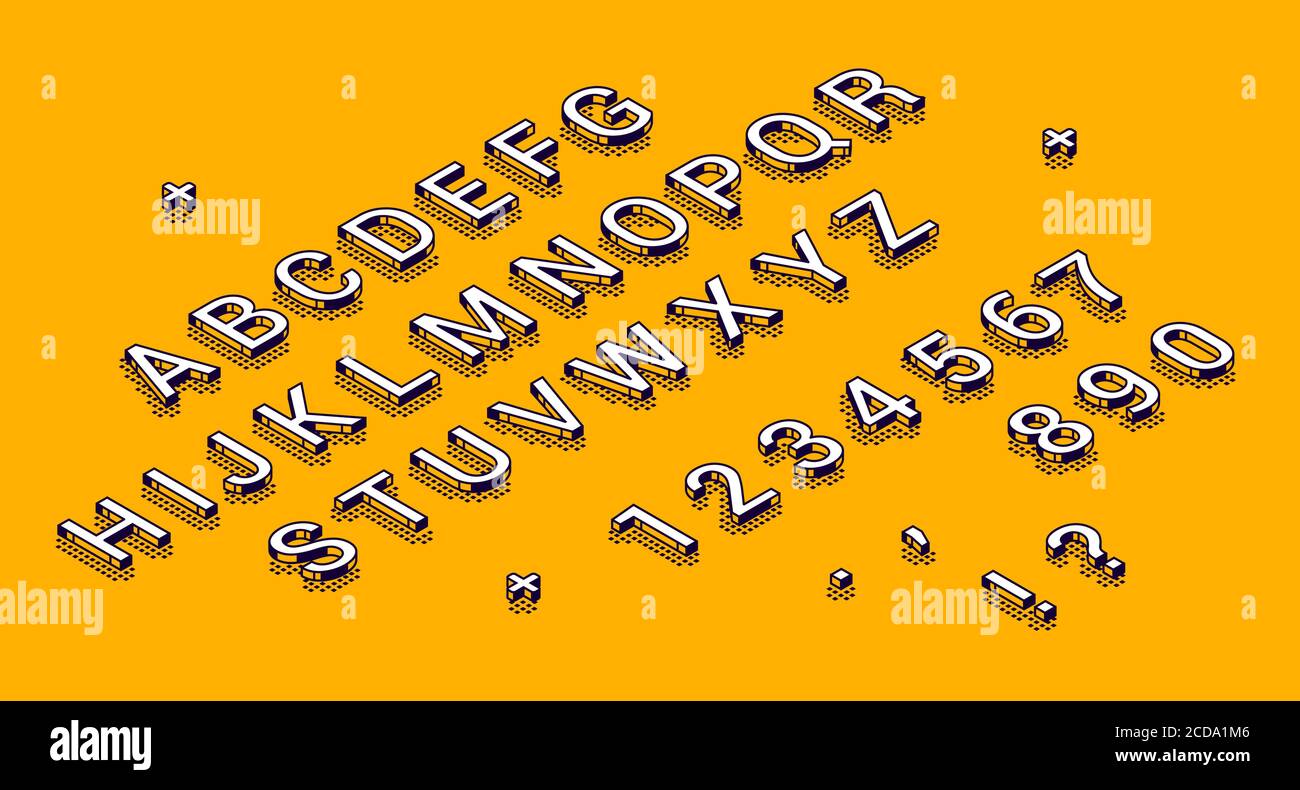 Isometric alphabet, numbers and punctuation marks lying in row on ...