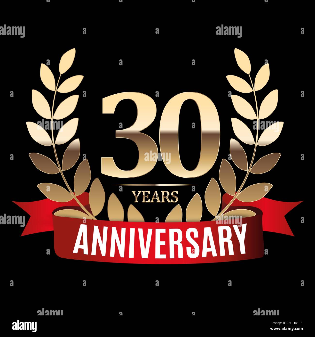 30 Years Anniversary Golden Template with Red Ribbon and Laurel wreath ...