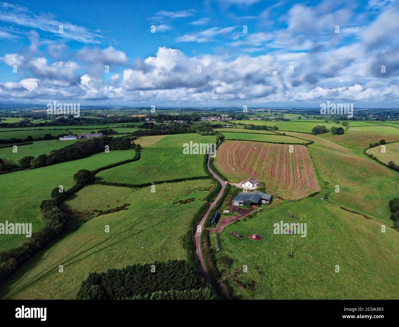 An aerial photograph of the fields and farms of the Devon countryside ...