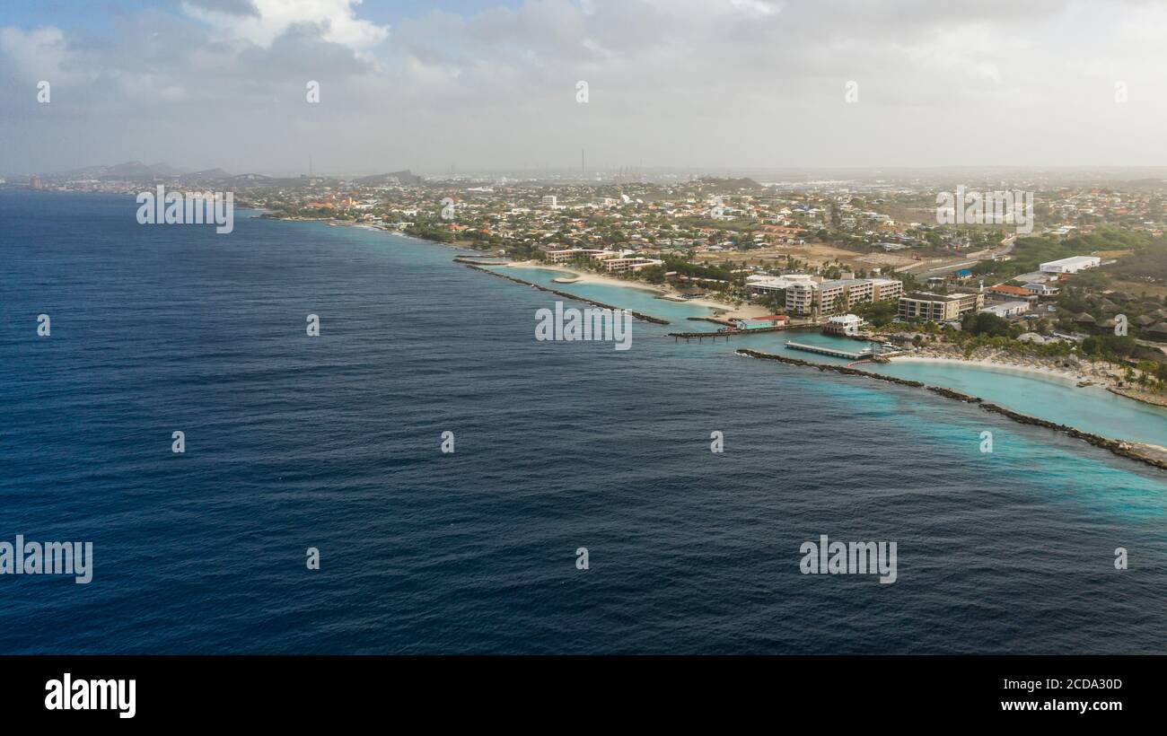 Aerial view of coast of Curaçao in the Caribbean Sea with turquoise ...
