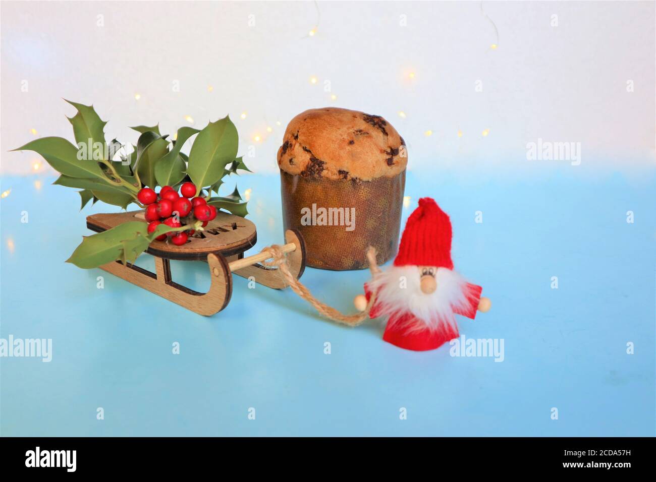 Christmas greeting card. Italian christmas sweet (Panettone) and the ...