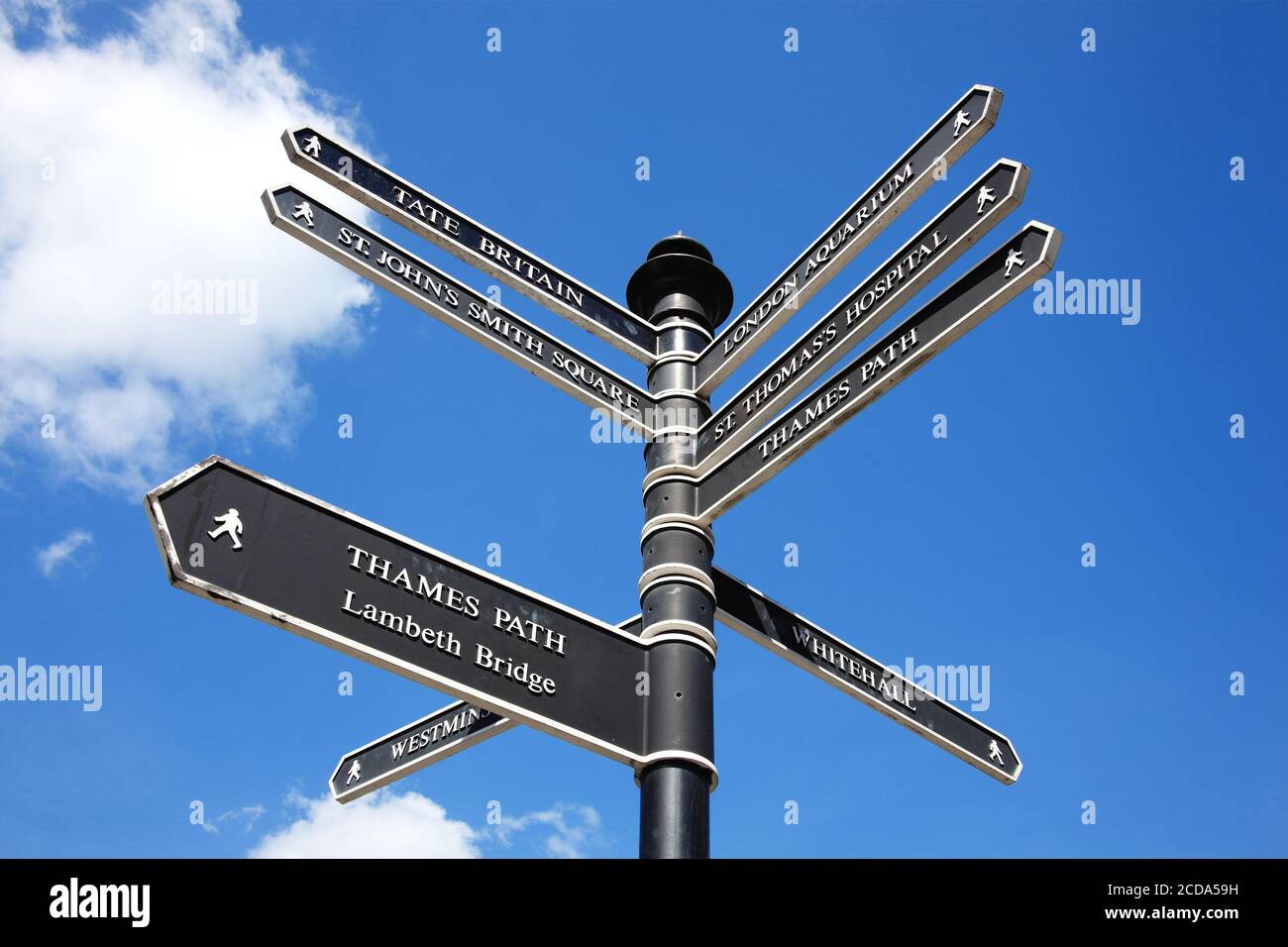 London retro street signpost giving directions to famous popular travel ...