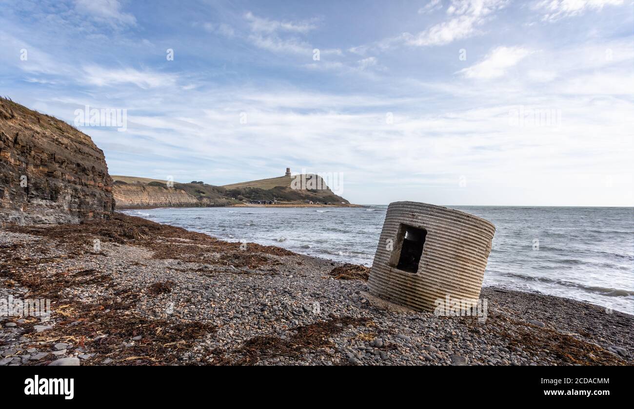 World War 2 concrete military pill box on sea shore at Kimmeridge Bay ...