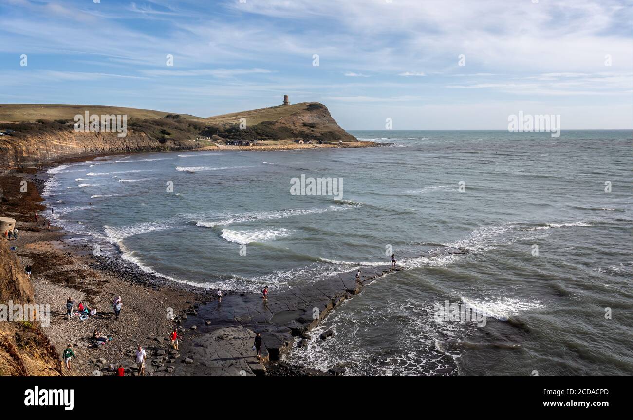 Panoramic seascape of Kimmeridge Bay with Clavell Tower on the top of ...