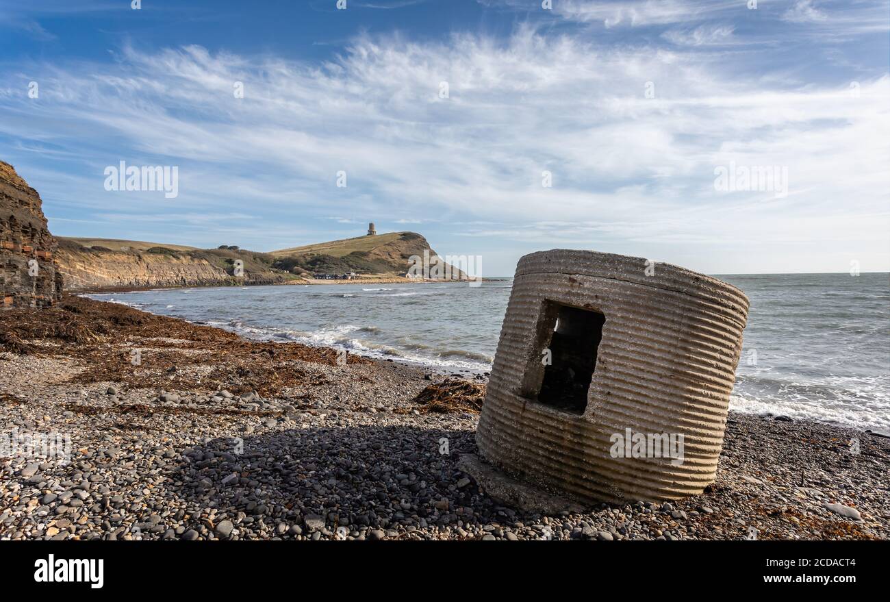 World War 2 concrete military pill box on sea shore at Kimmeridge Bay ...