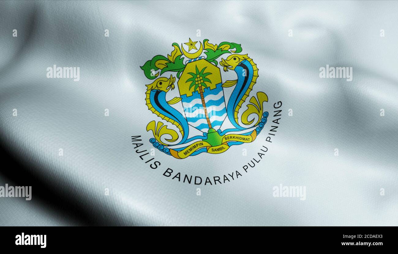 3D Illustration of a waving Malaysia City Council flag of Penang Island ...