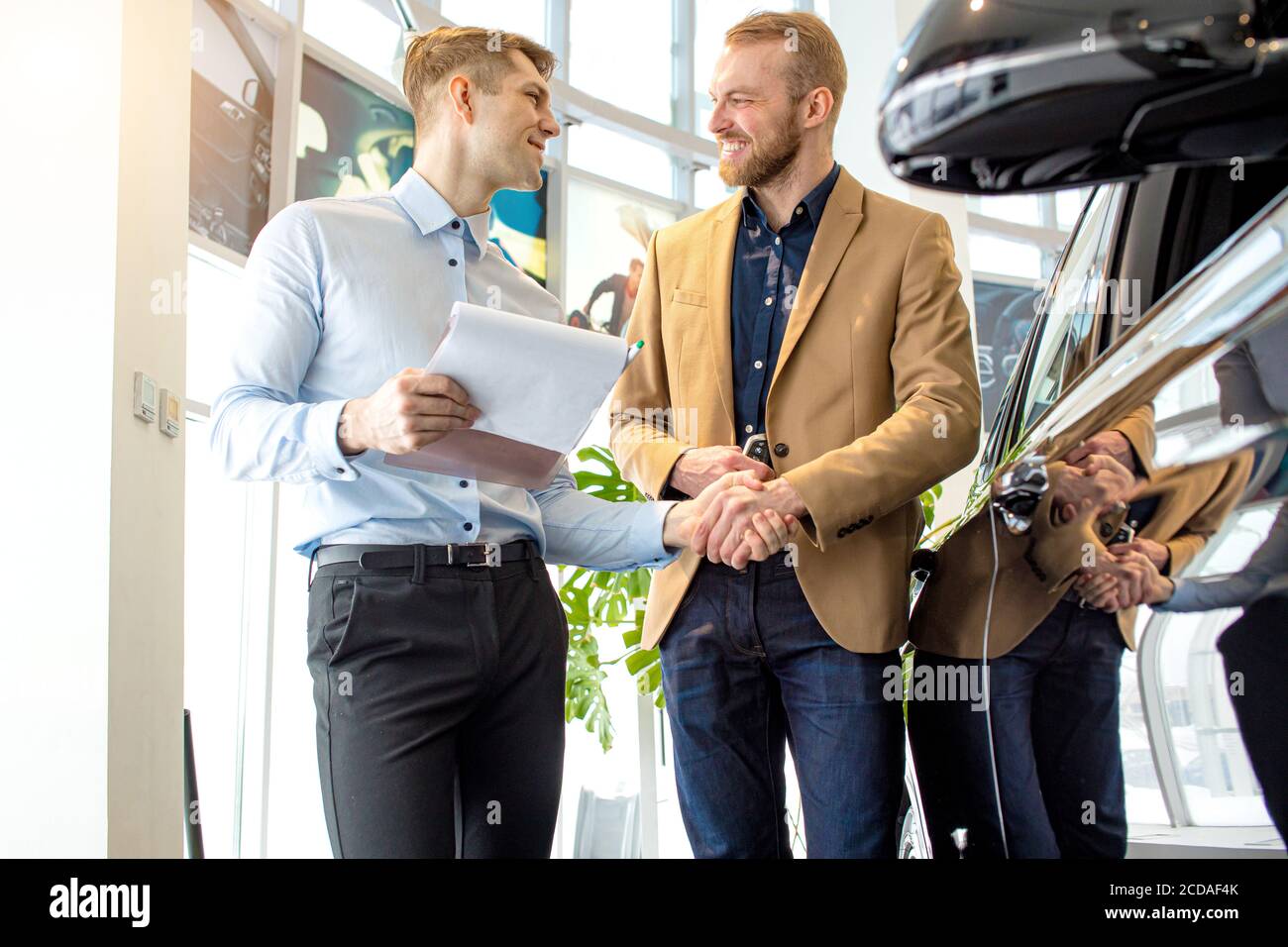 affable handsome caucasian consultant and client in dealership. young ...