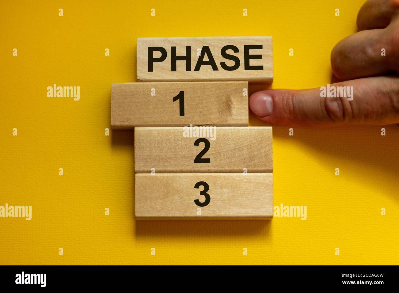 Wooden blocks form the words 'phase, 1, 2, 3,' on yellow background ...