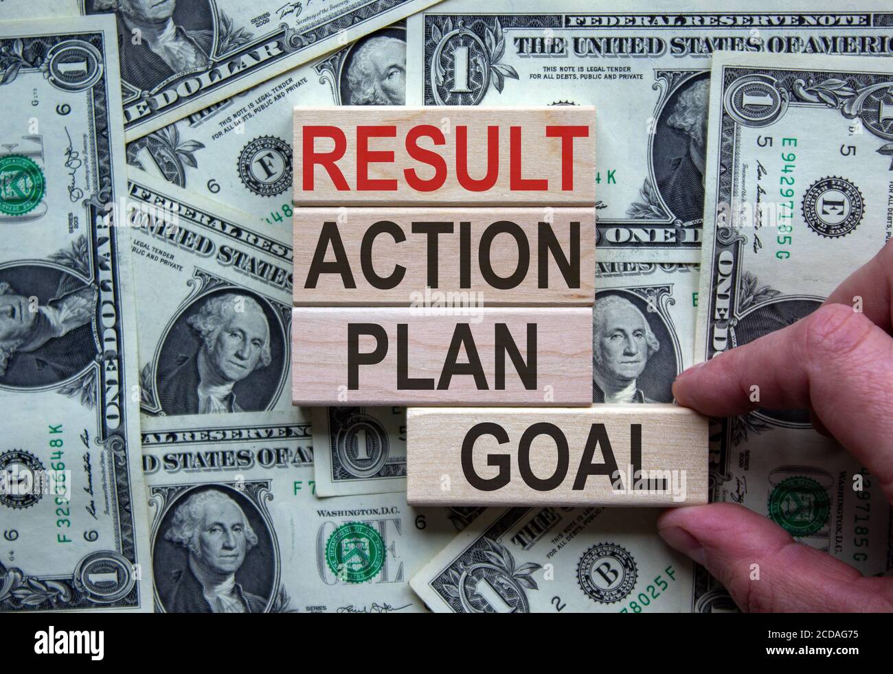 Wooden blocks form the words 'goal, plan, action, result' on beautiful ...