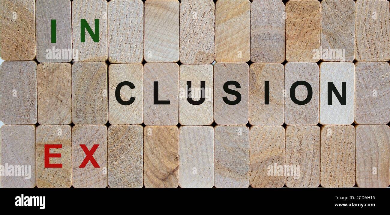 Wooden blocks form the words 'inclusion, exclusion'. Beautiful wooden ...