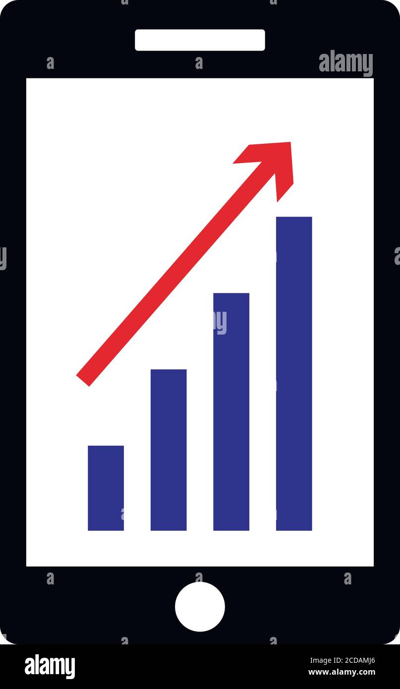 Vector black mobile phone with bar chart and arrow up. Use for business ...