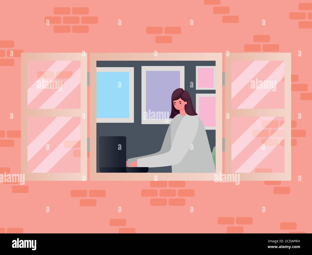 Woman with laptop working at window design of Work from home theme ...