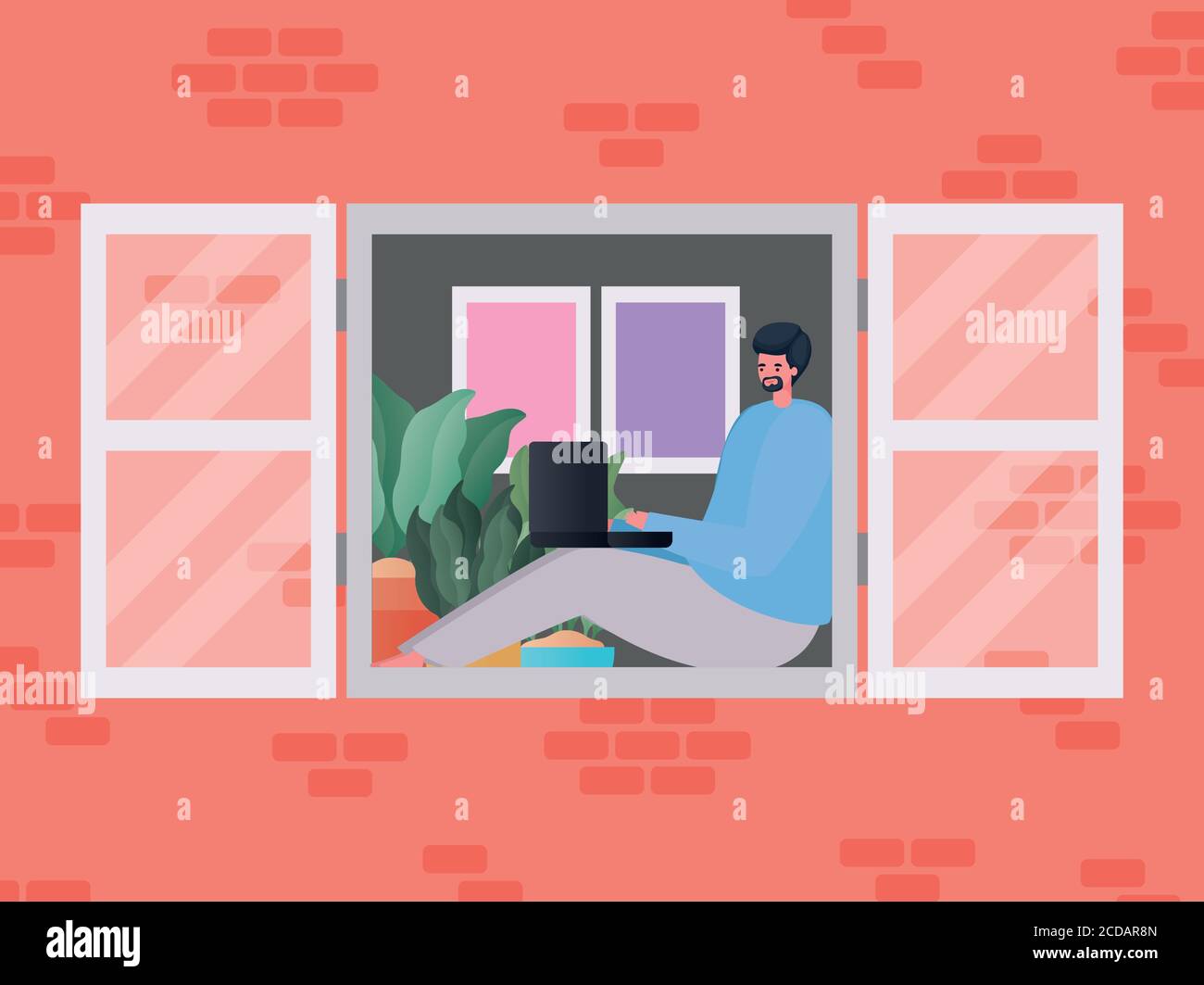 Man with laptop working at window design of Work from home theme Vector ...