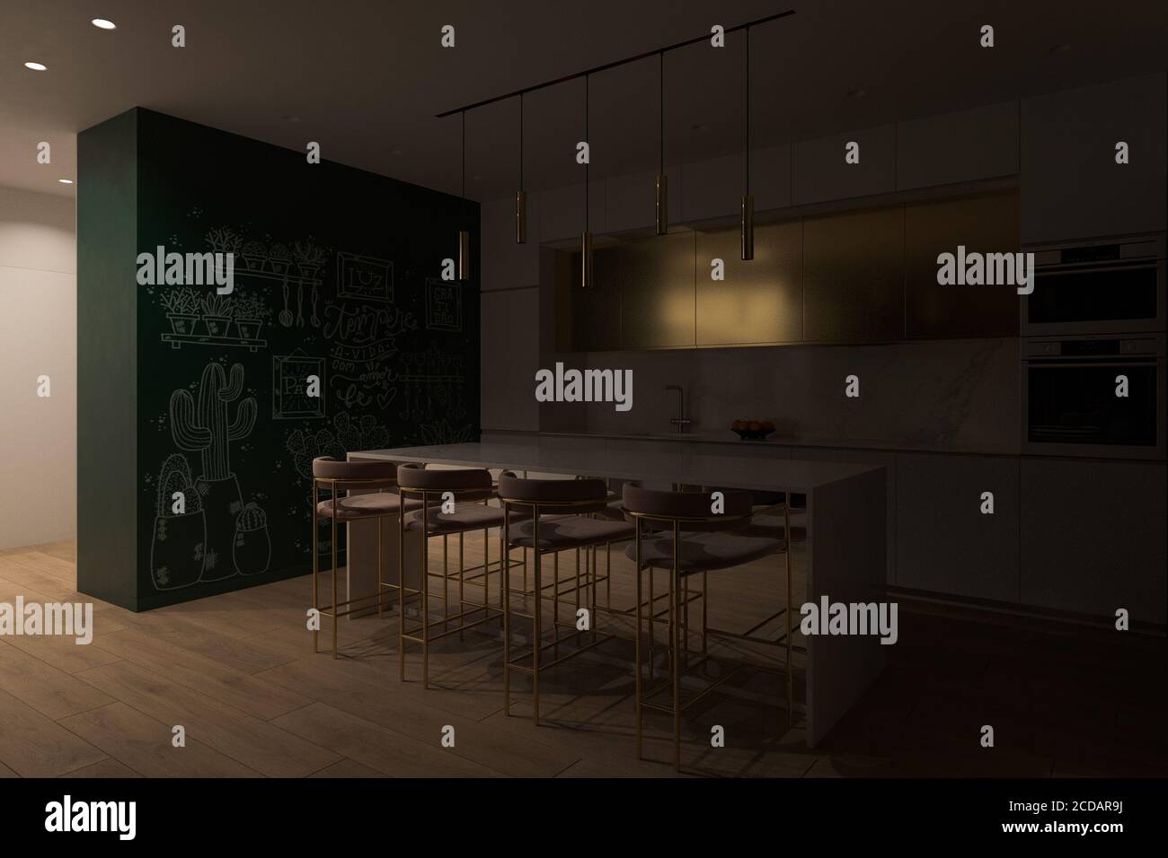 3D illustration of a kitchen with night lighting Stock Photo - Alamy