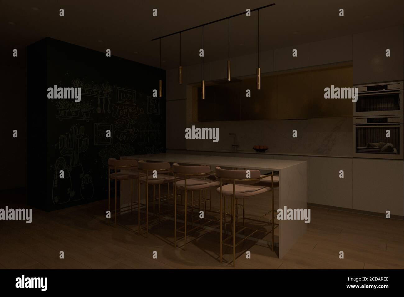 3D illustration of a kitchen with night lighting Stock Photo - Alamy