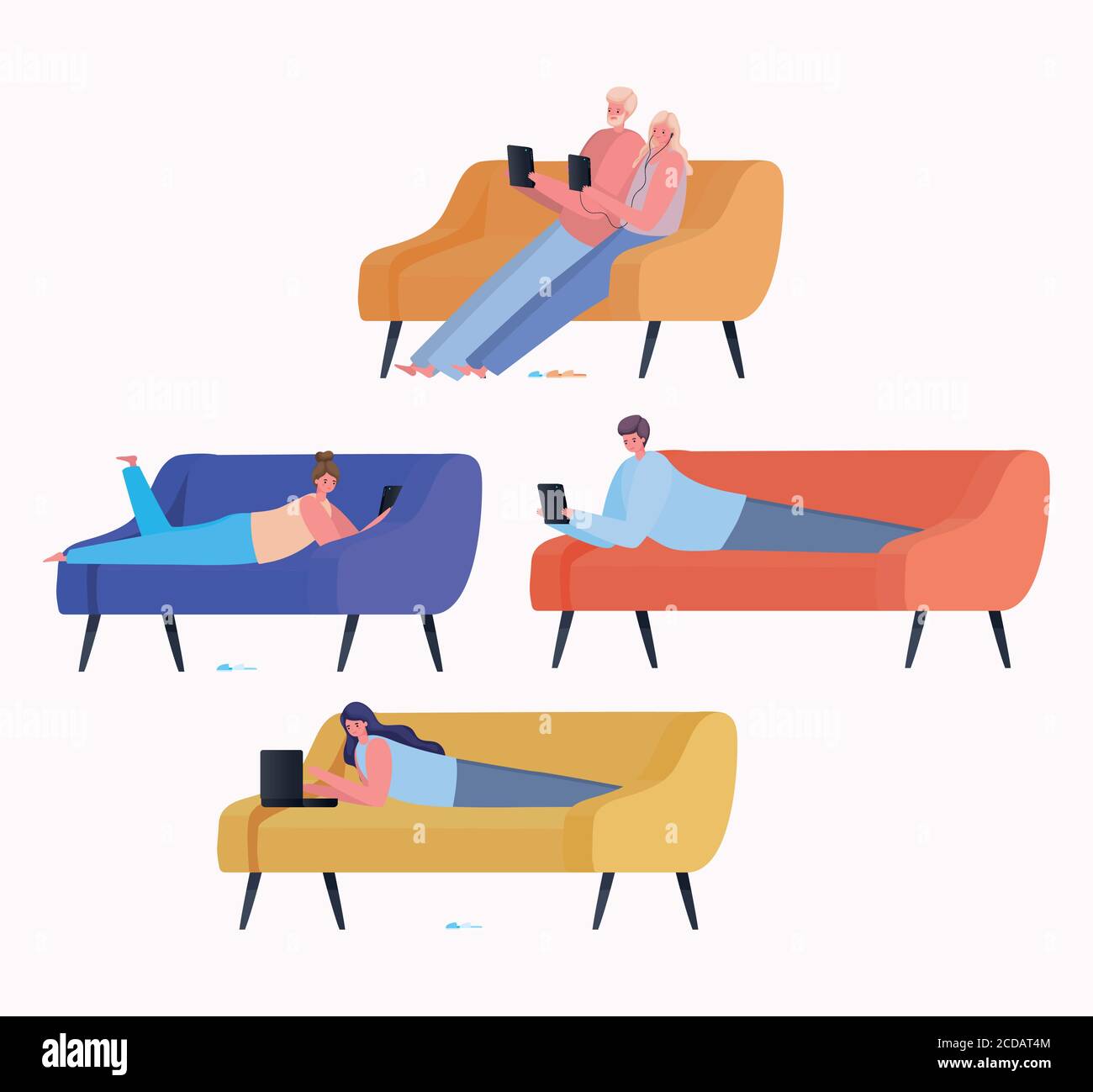 Set of women and men with laptop and tablet working on couches design ...