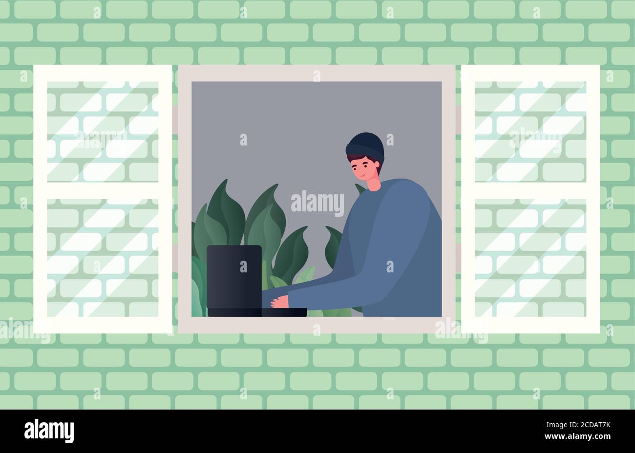 Man with laptop working at window design of Work from home theme Vector ...
