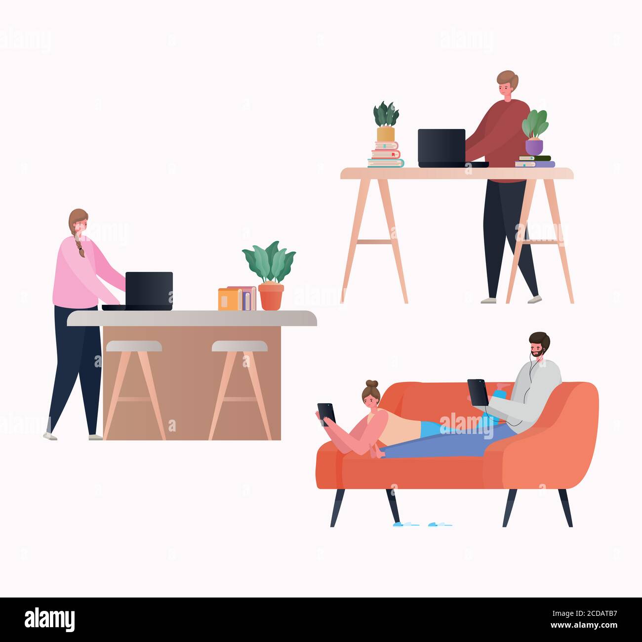 Set of women and men with laptop and tablet working on couch and table ...