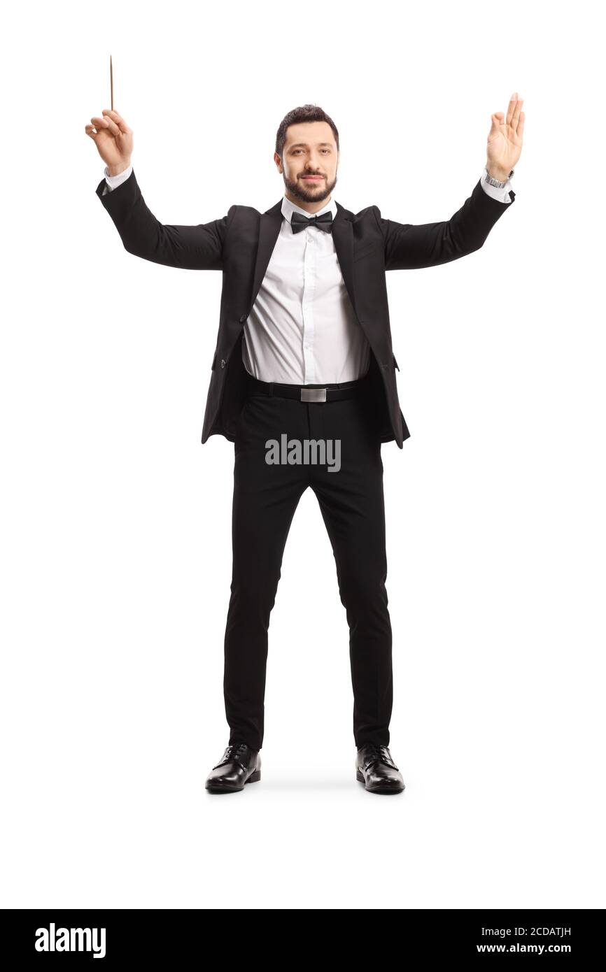 Full length portrait of a male musical conductor starting a show ...