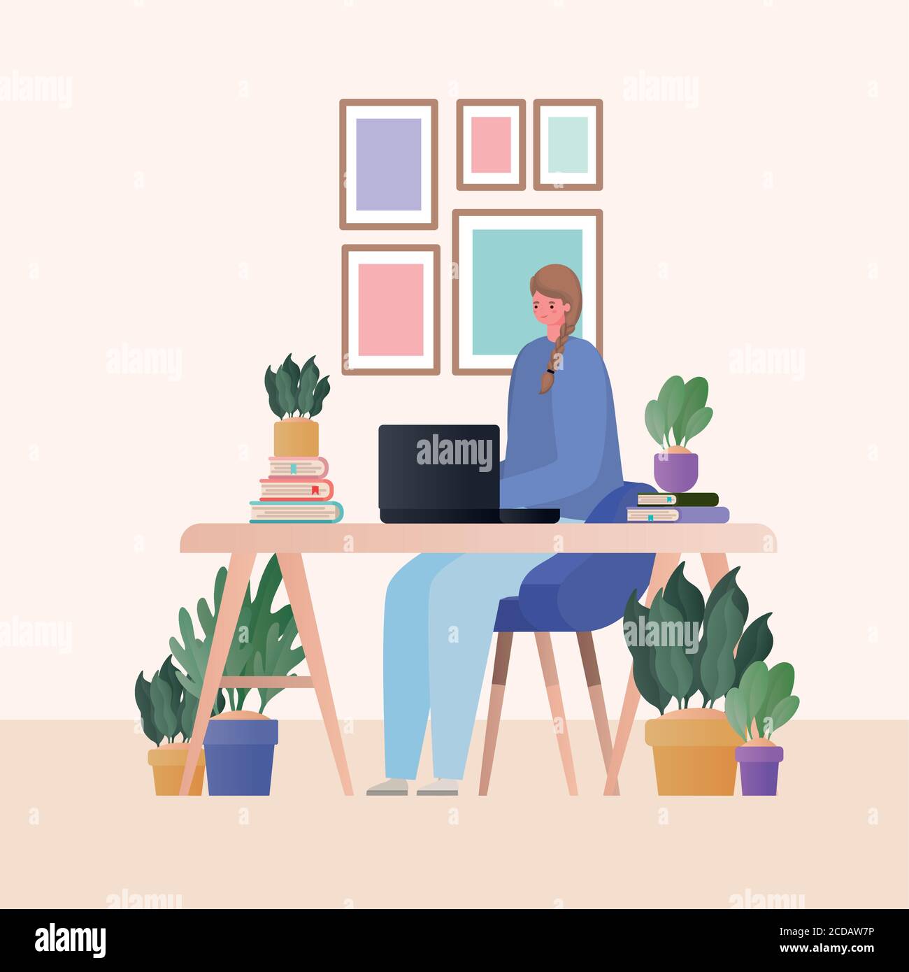 Woman with laptop working on desk design of Work from home theme Vector ...