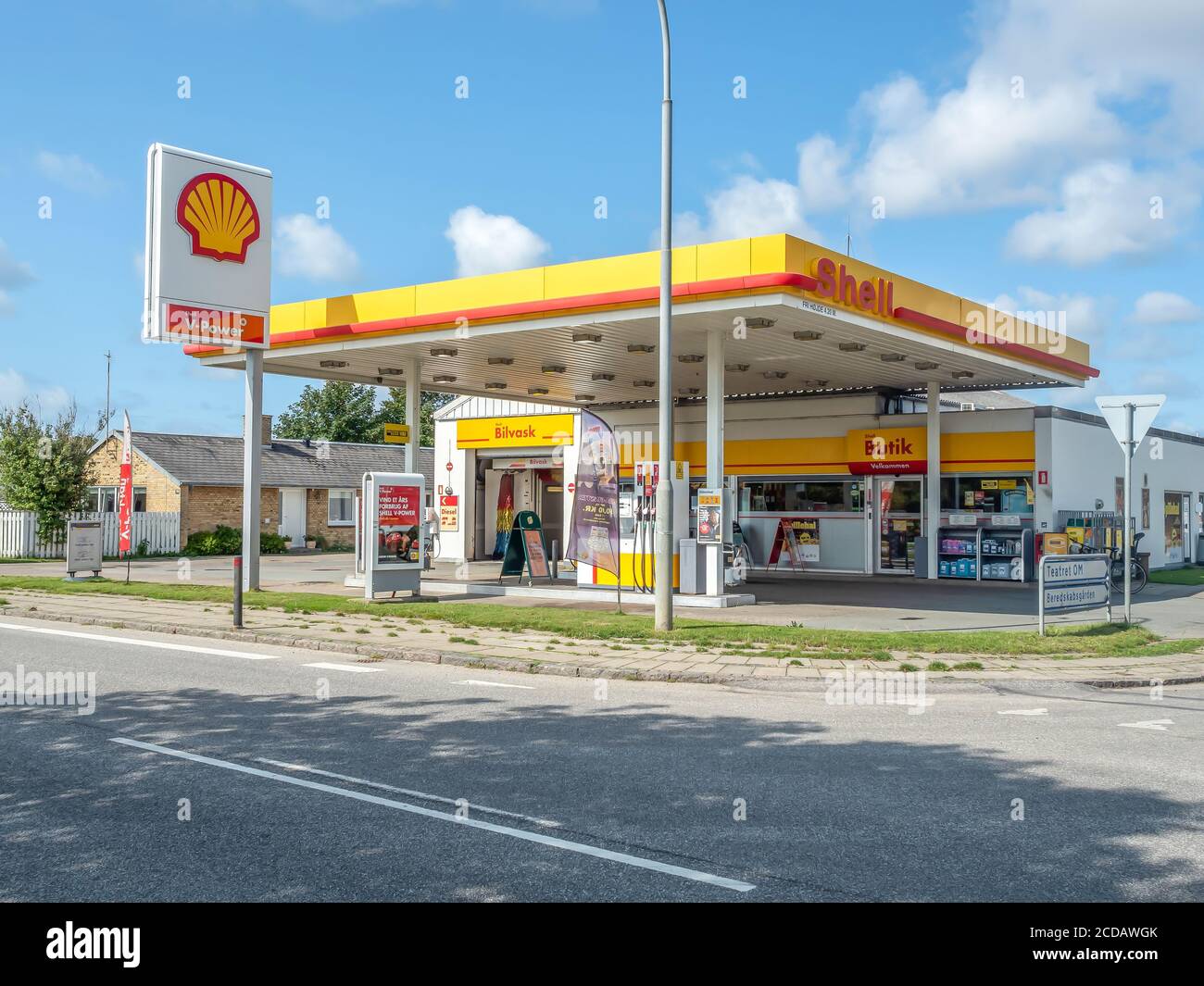 Shell Petrol Station on a sunny summer afternoon with blue sky and ...