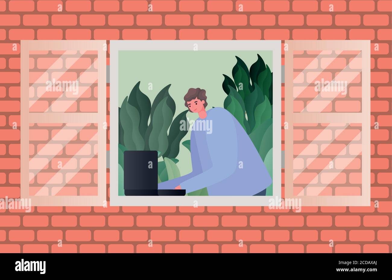 Man with laptop working at window design of Work from home theme Vector ...