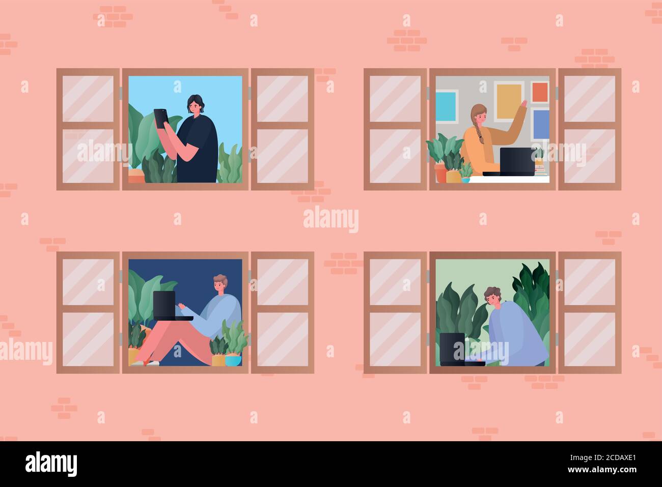 Set of women and men with laptop working at window design of Work from ...