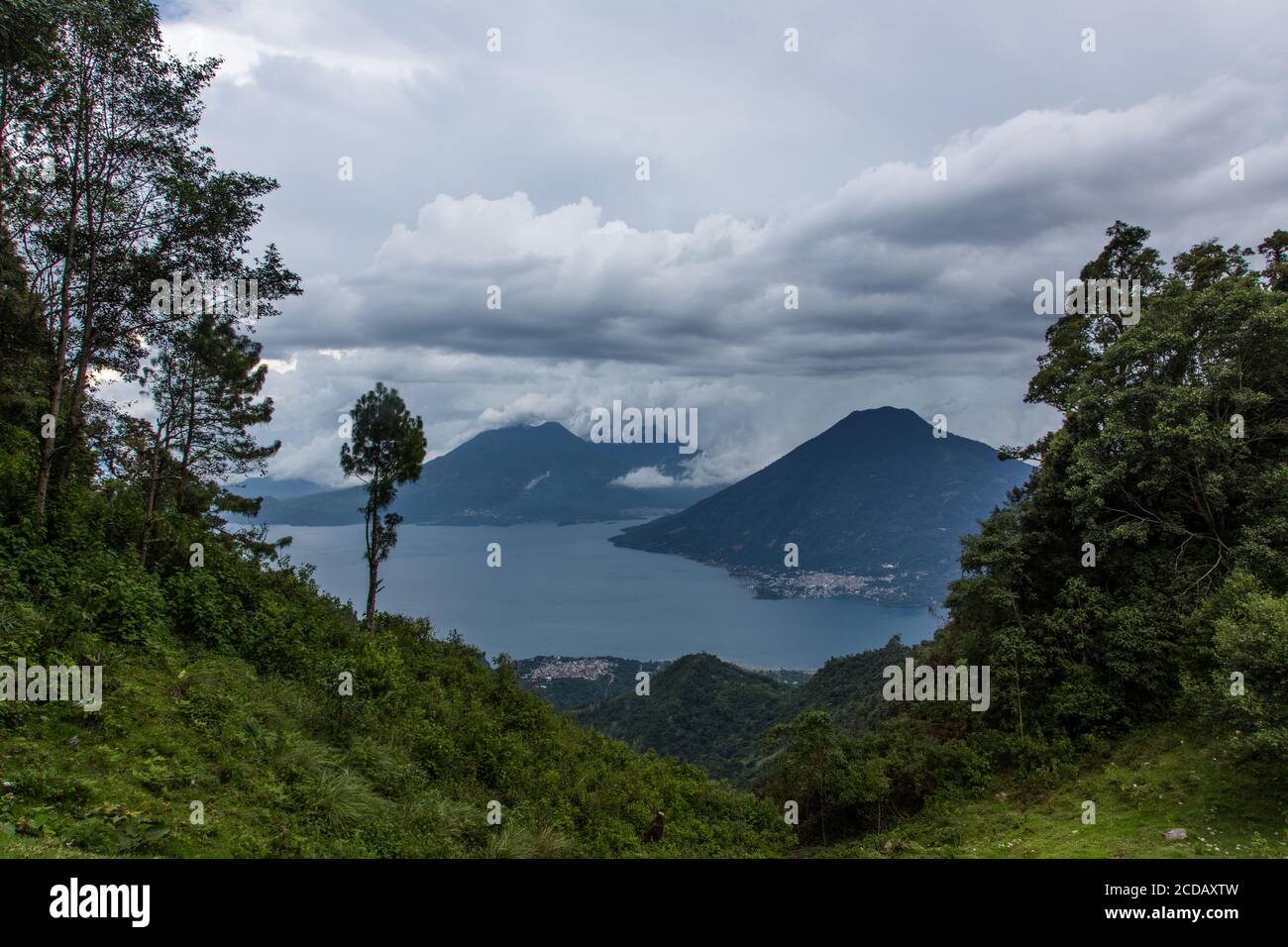 A view of Lake Atitlan in Guatemala from the west. At right is the San ...