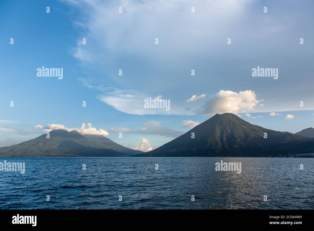 Lake Atitlan with San Pedro Volcano at right center and the double ...