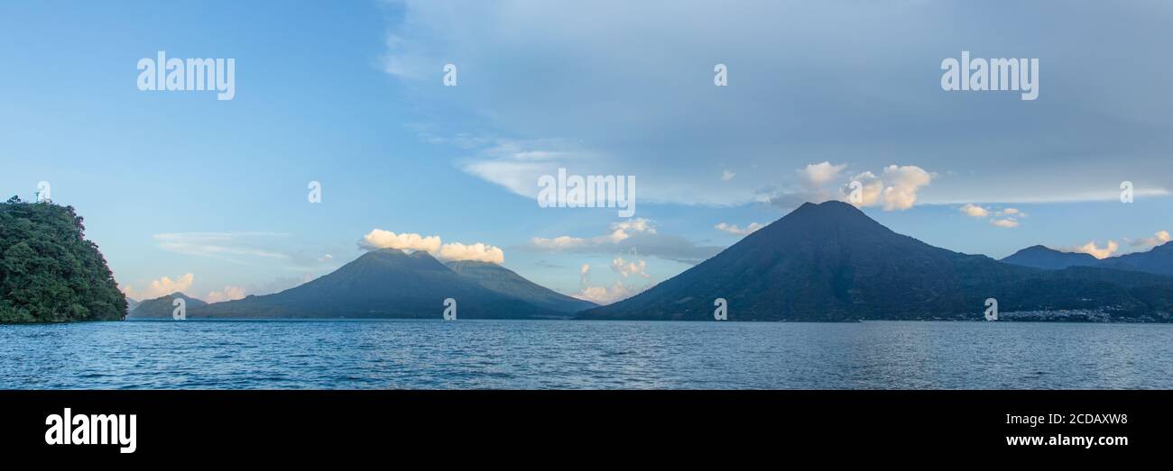 Lake Atitlan with San Pedro Volcano at right center and the double ...