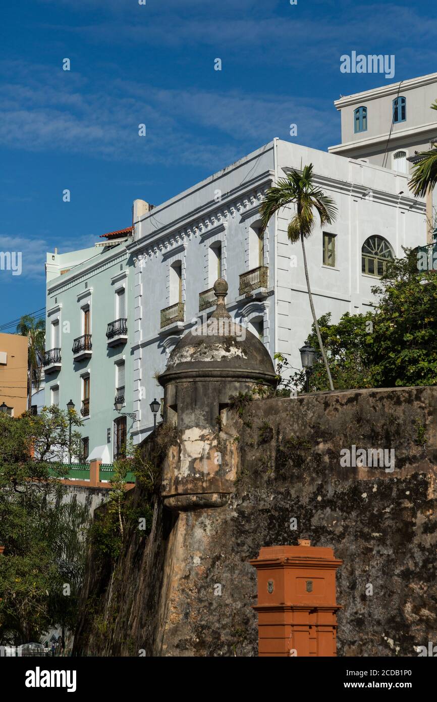 An old Spanish sentry box on the city wall of Old San Juan, Puerto Rico ...