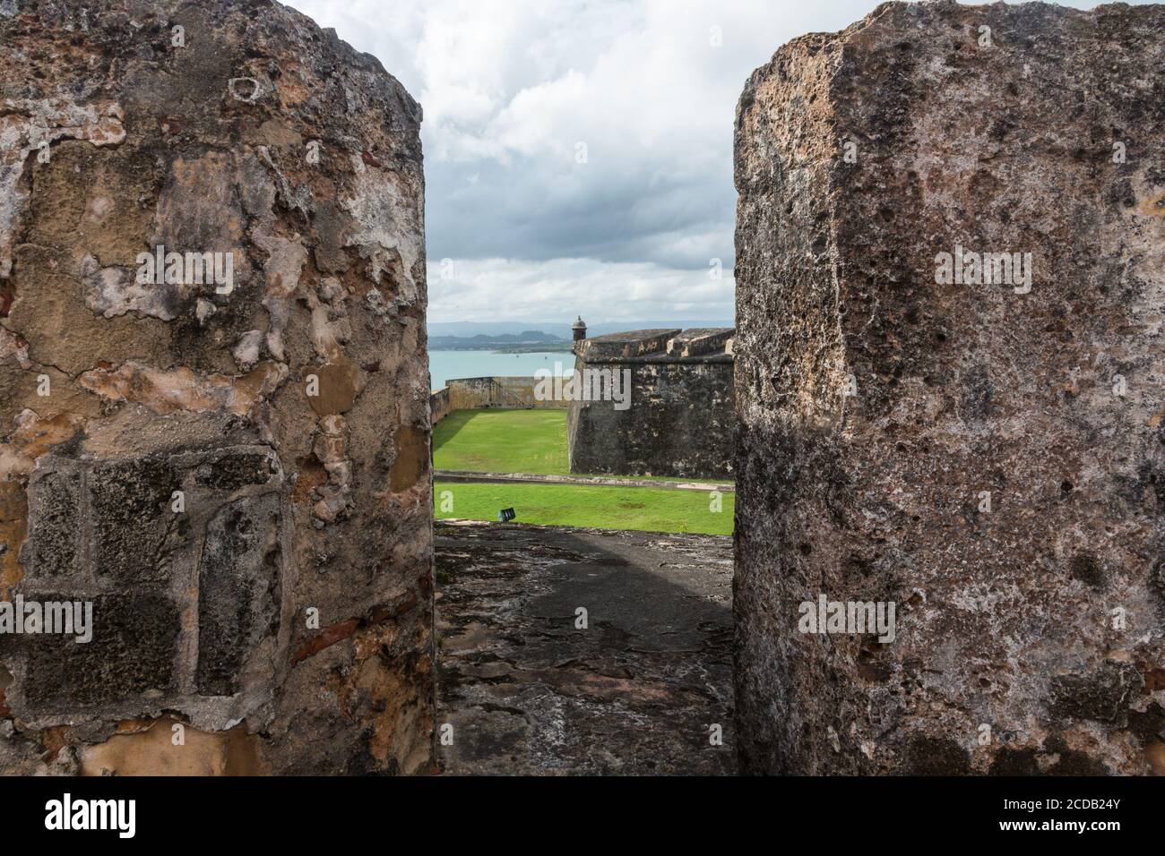 A a gunner's view of the dry moat and a sentry box, guerite or bartizan ...